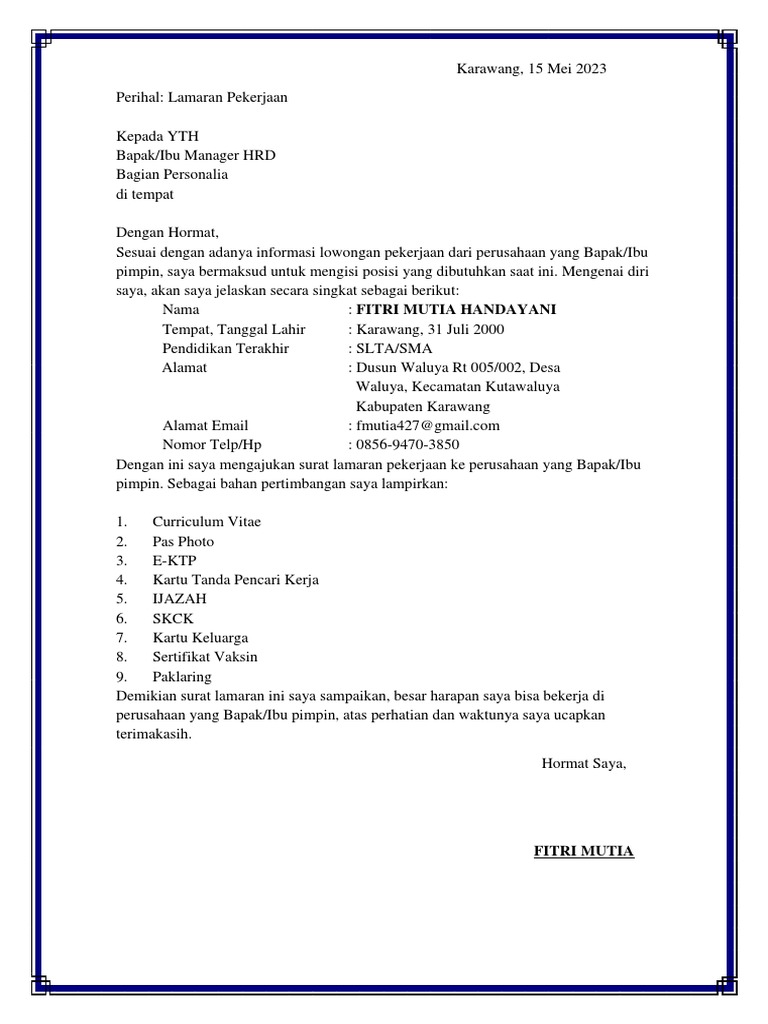 CV Lamaran FITRI MUTIA | PDF