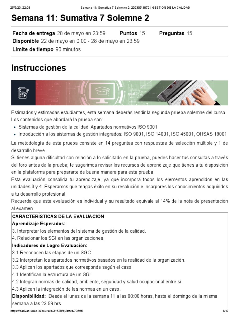 Semana 11 - Sumativa 7 Solemne 2 - 202305.1872 - GESTION DE LA CALIDAD | PDF | Calidad ...