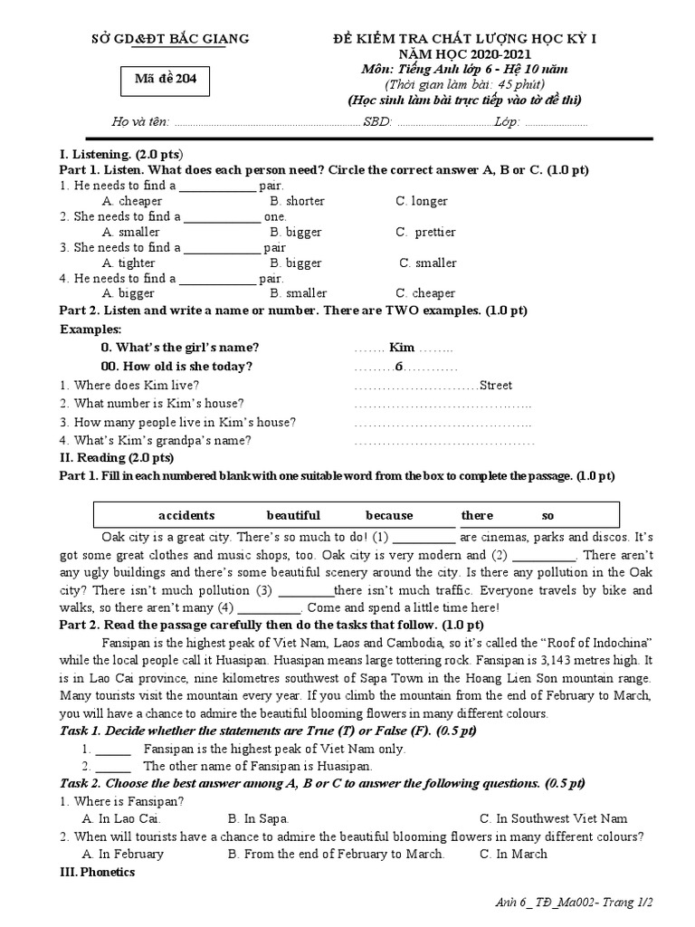 ĐỀ + ĐA HKI MÔN ANH THCS NĂM 2020-2021 - ANH 6 - 2. Anh 6 - TĐ - HKI - 2021 - Anh6 - TĐ - Ma 204 ...
