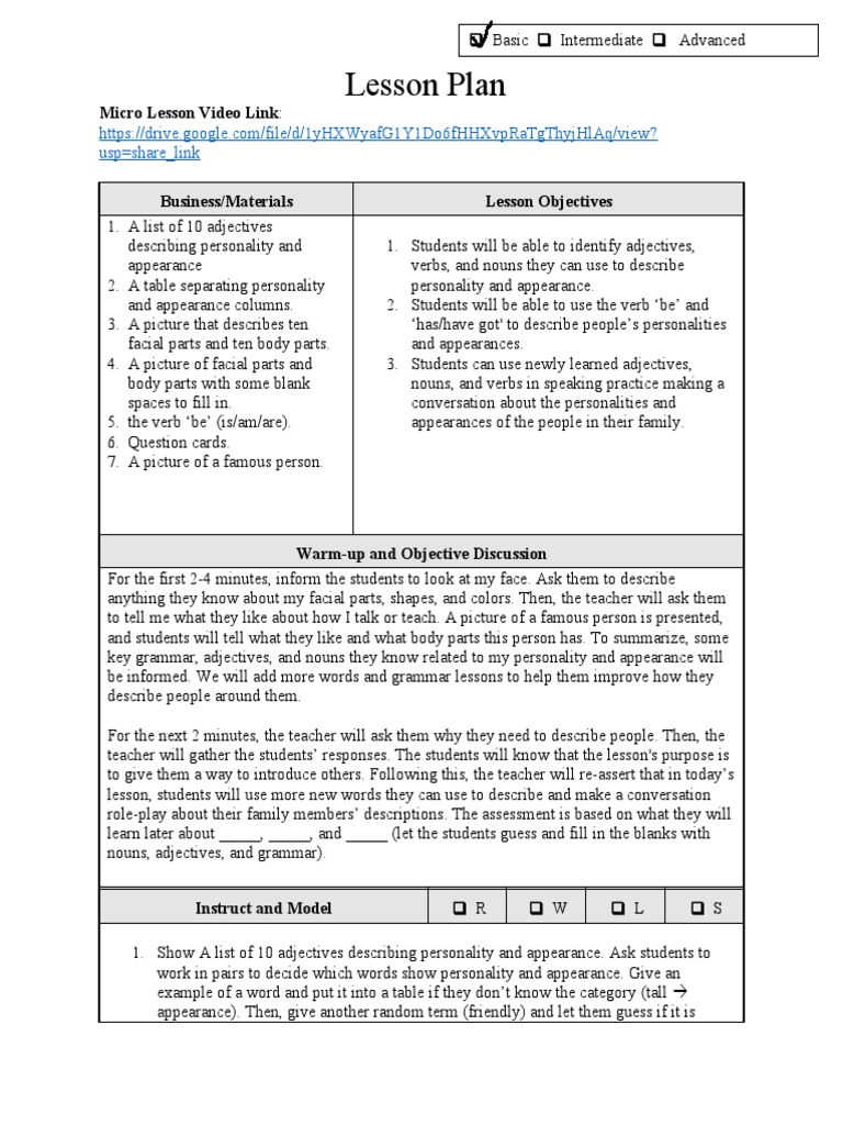 Lesson Plan - Basic Learners - Describing Looks and Personality | PDF ...