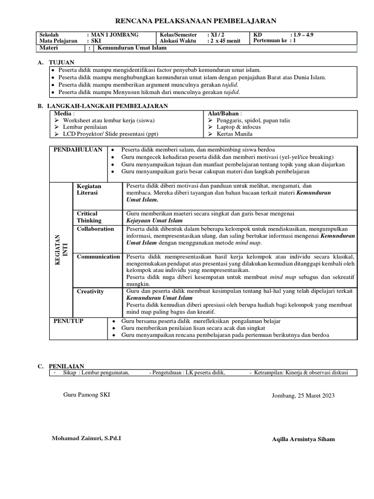 RPP Kemunduran Umat Islam Ski Xi Uts - Aqilla Armintya Siham - 200101110049 | PDF | Karier ...