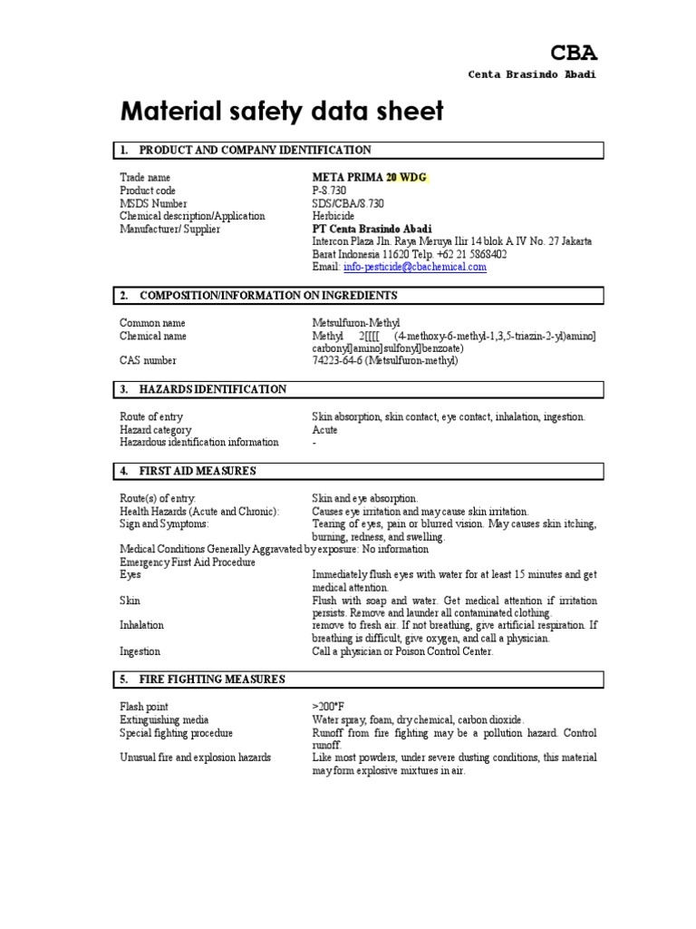 Metsulfuron-Methyl MSDS Overview | PDF | Personal Protective Equipment ...