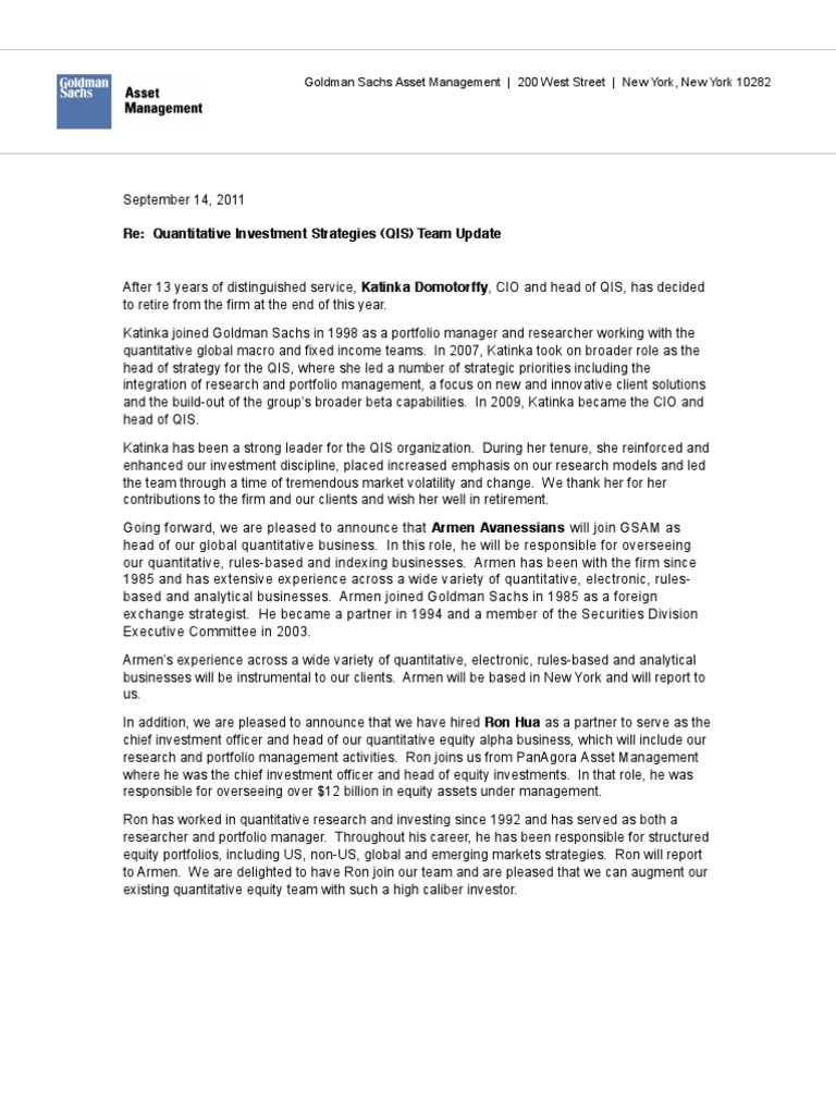 Goldman Sachs Letter To Clients Goldman Sachs Investment Management