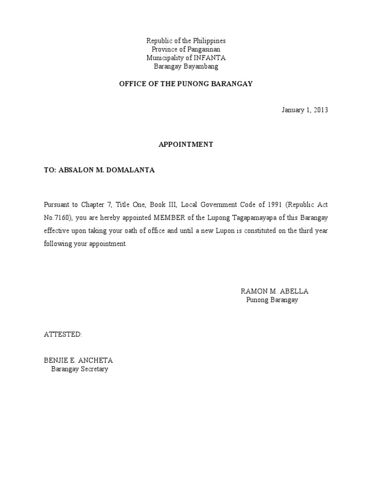 Appointment Lupon | PDF | Government Institutions | Social Institutions