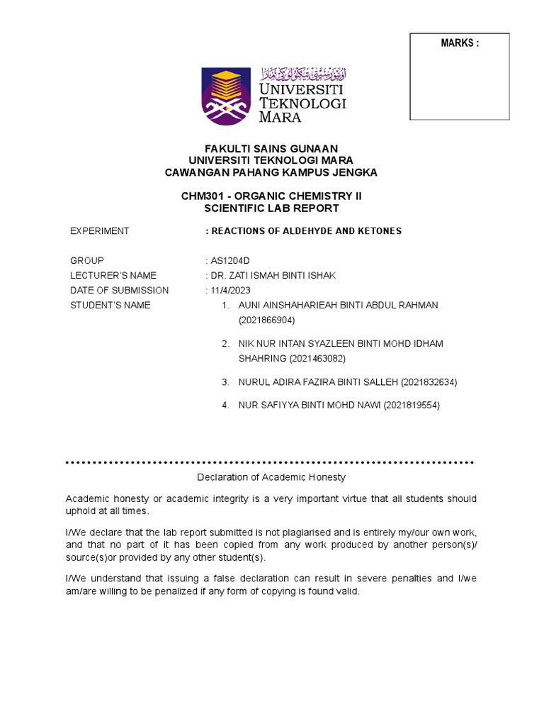 CHM301 Lab Report 2 | PDF | Aldehyde | Ketone