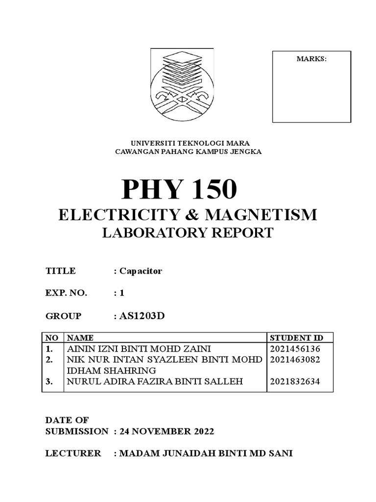 PHY 150 Lab Report 1 | PDF | Capacitance | Capacitor