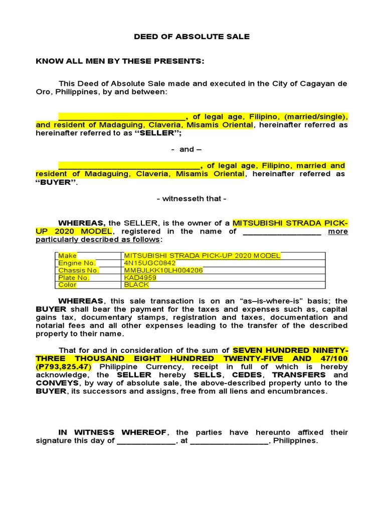 DEED OF ABSOLUTE SALE - Personal Property-Sample | PDF | Private Law | Common Law