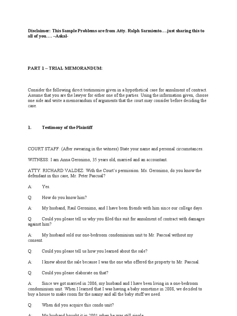 Sample Problems Memorandum and Opinion Making | Offer And Acceptance ...