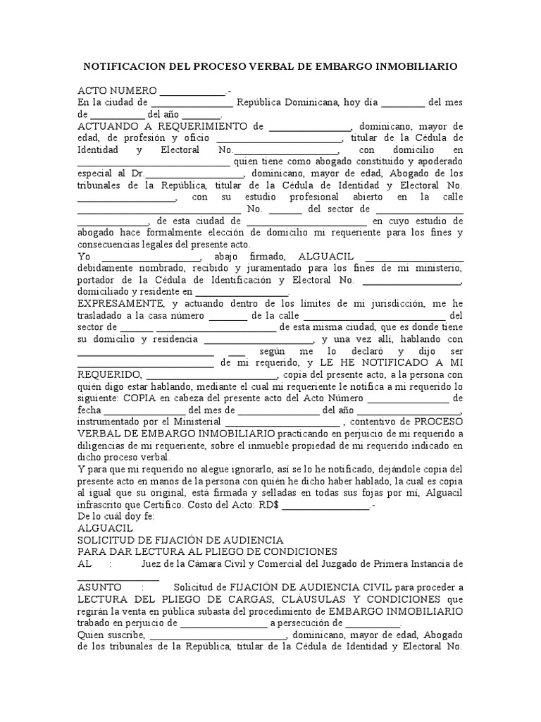 Notificacion Del Proceso Verbal de Embargo Inmobiliario | PDF | Subasta ...