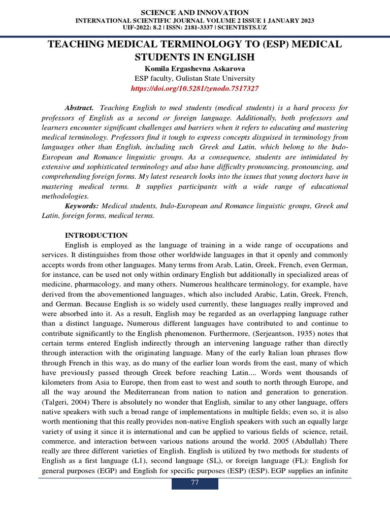 Teaching Medical Terminology To Esp Medical Students in English | PDF ...