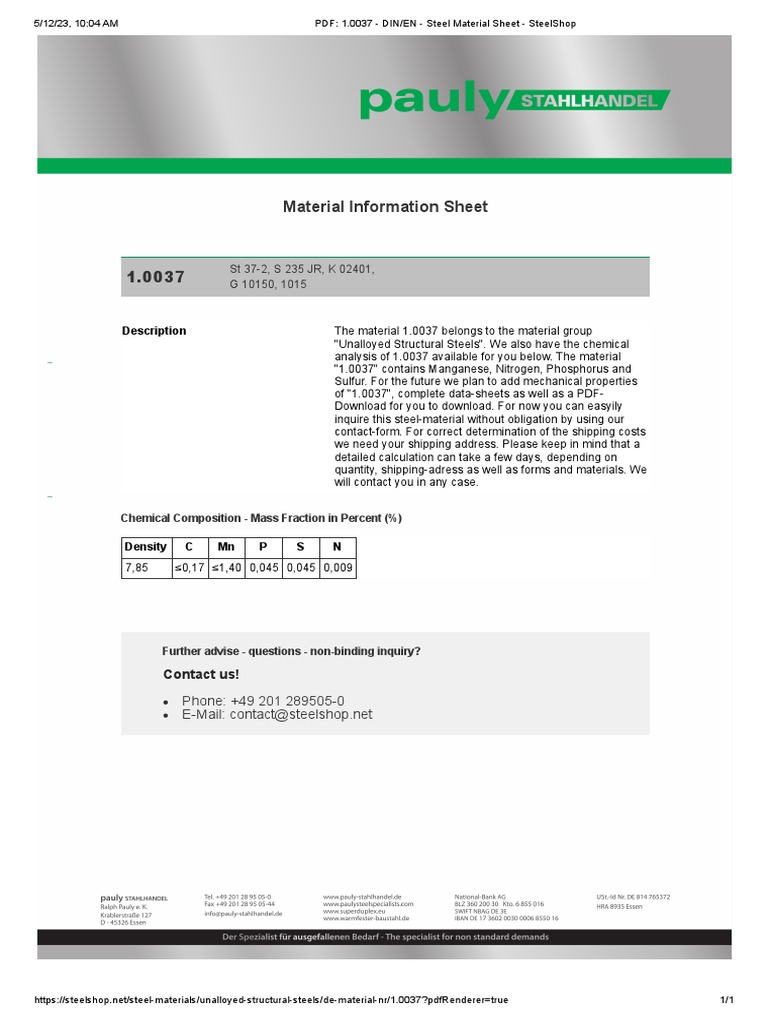 PDF - 1.0037 - DIN - EN - Steel Material Sheet - SteelShop | PDF
