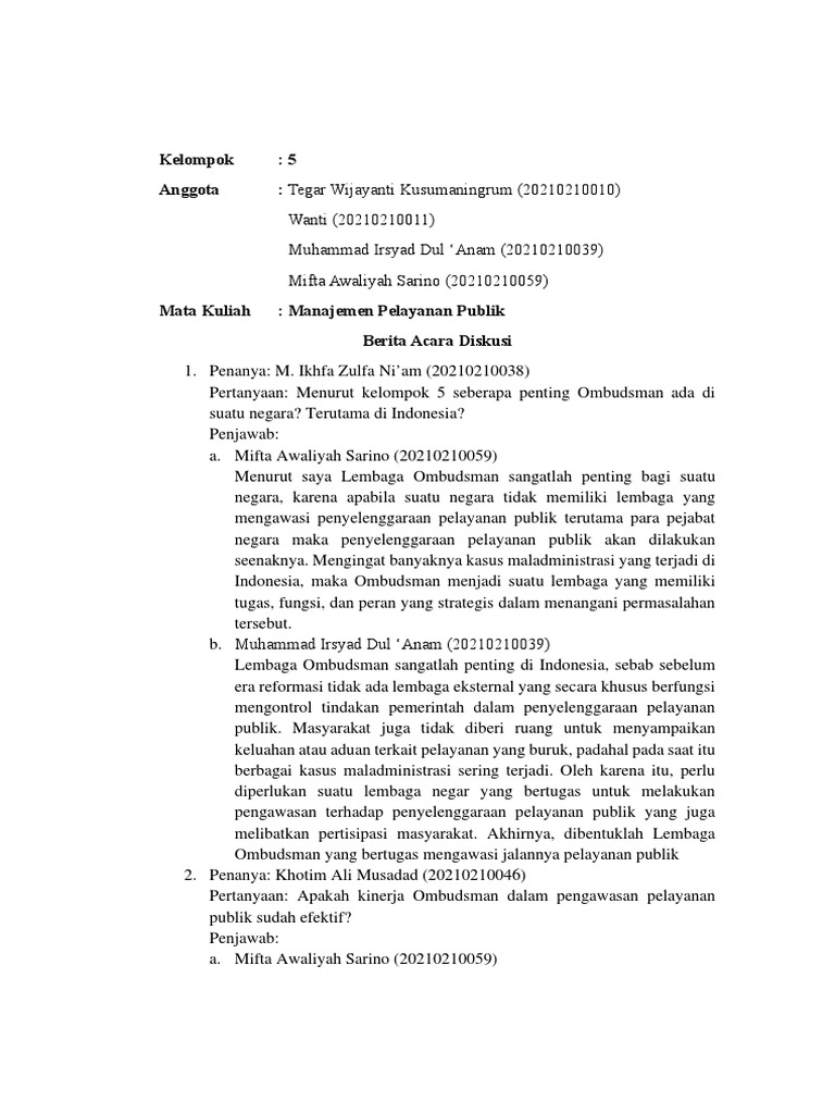 Berita Acara Diskusi Kelompok 5 Manajemen Pelayanan Publik | PDF