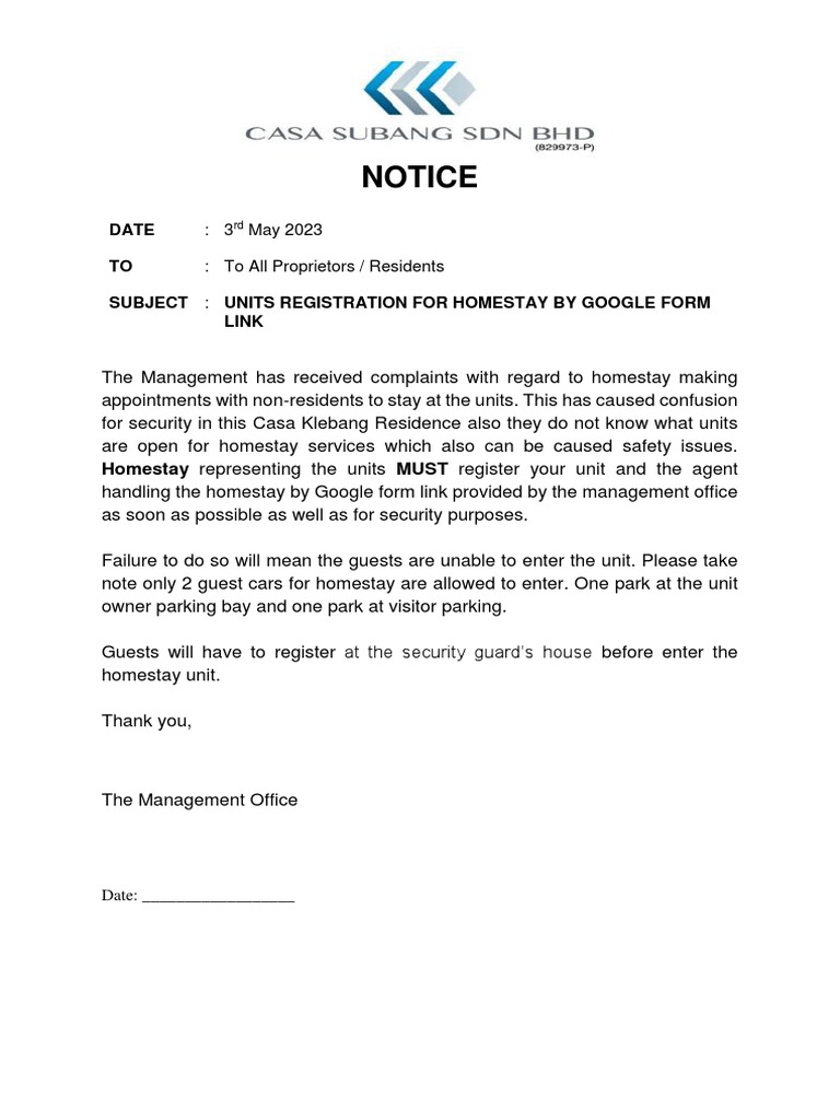 Memo Notice For Homestay Units | PDF