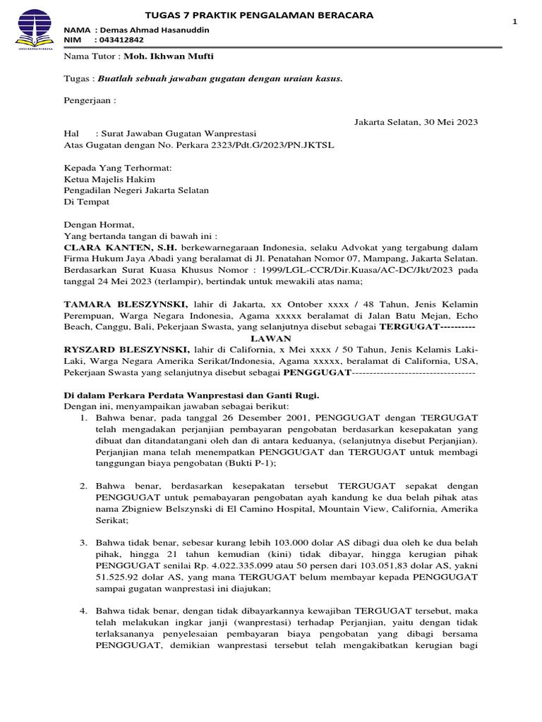 Tugas 7 - PRAKTIK PENGALAMAN BERACARA - Demas Ahmad H - NIM 043412842 | PDF