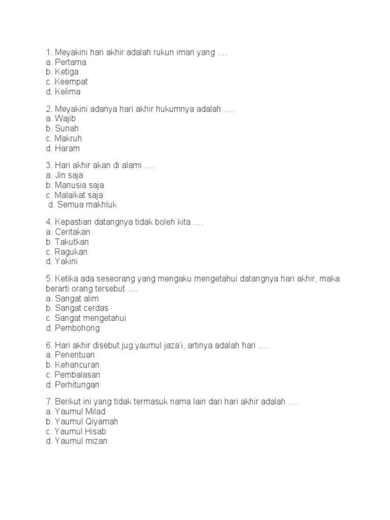 Kuis Rukun Iman: Hari Akhir | PDF