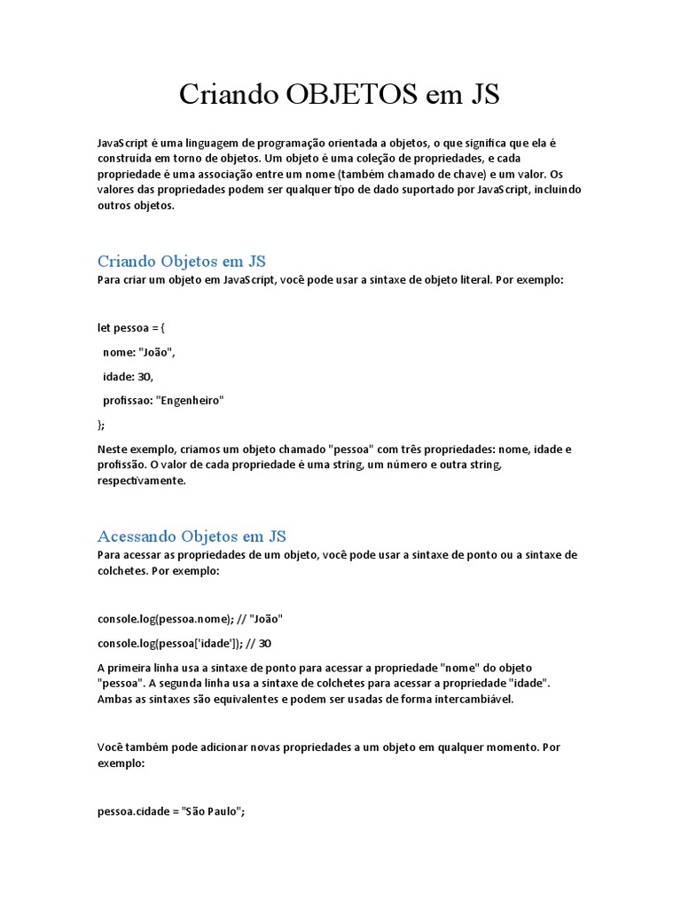 Criando e Usando Objetos em JavaScript | PDF