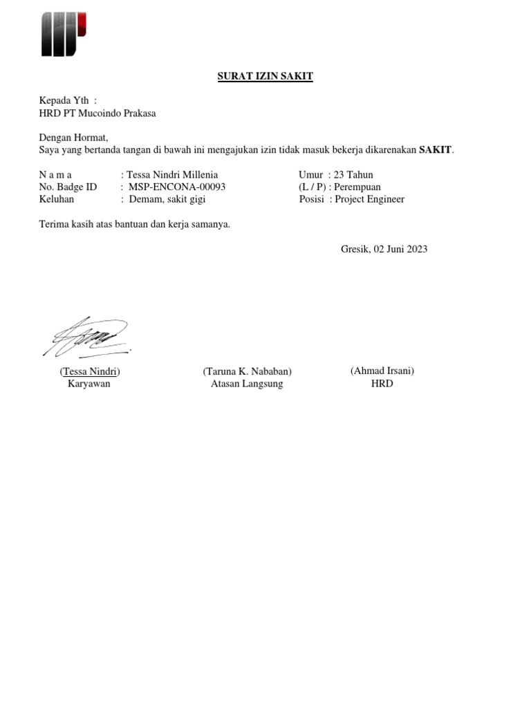 Surat Izin Sakit - Tessa Nindri Millenia - 02062023 | PDF