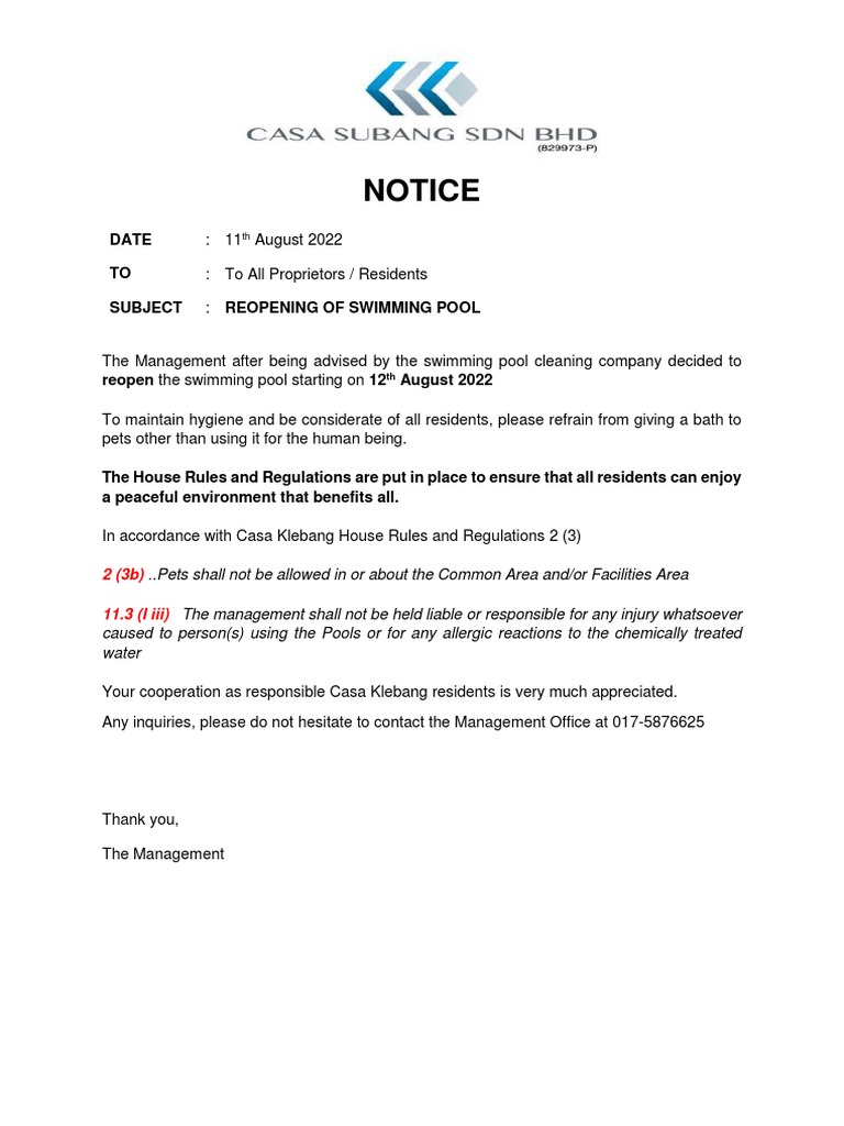 Memo Notice For Pool Open | PDF