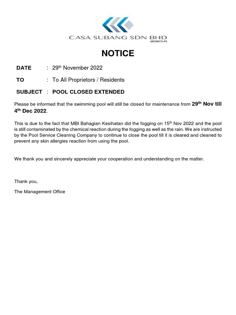 Memo Notice For Pool Maintenance | PDF