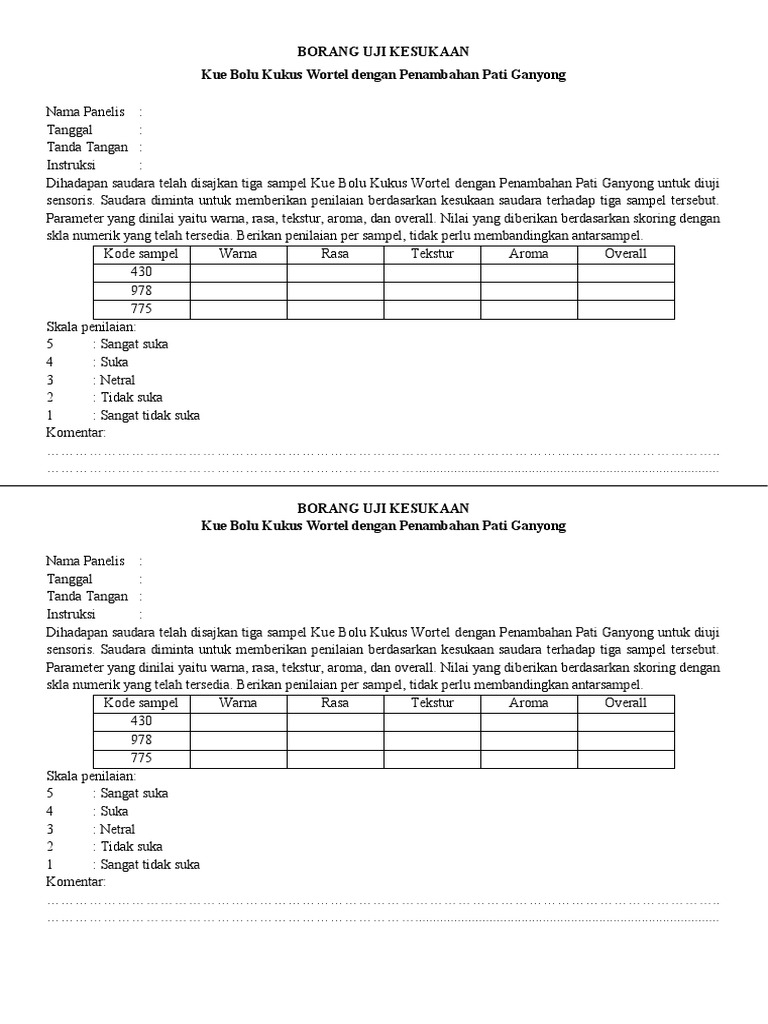 Borang Uji Kesukaan | PDF