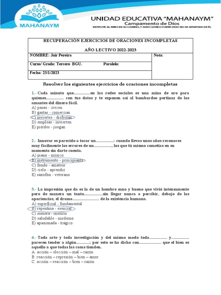 Recuperación Ejercicios de Oraciones Incompletas | PDF