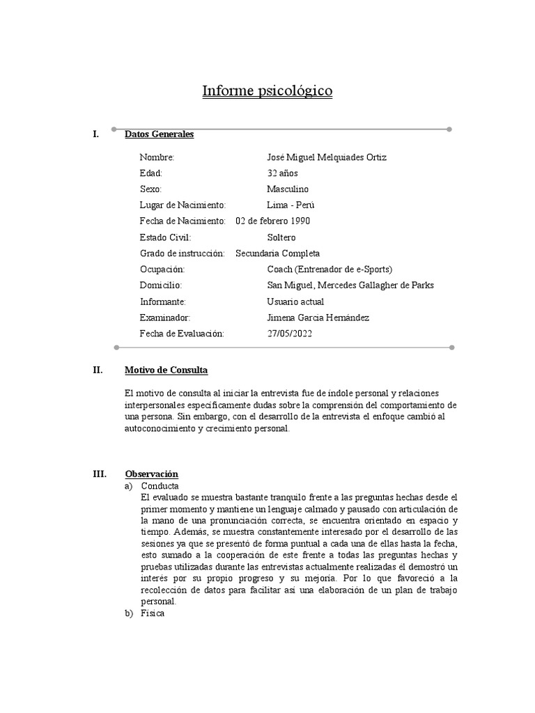 Informe Psicológico.0.1 | PDF | Terapia de conducta cognitiva | Ciencias del comportamiento