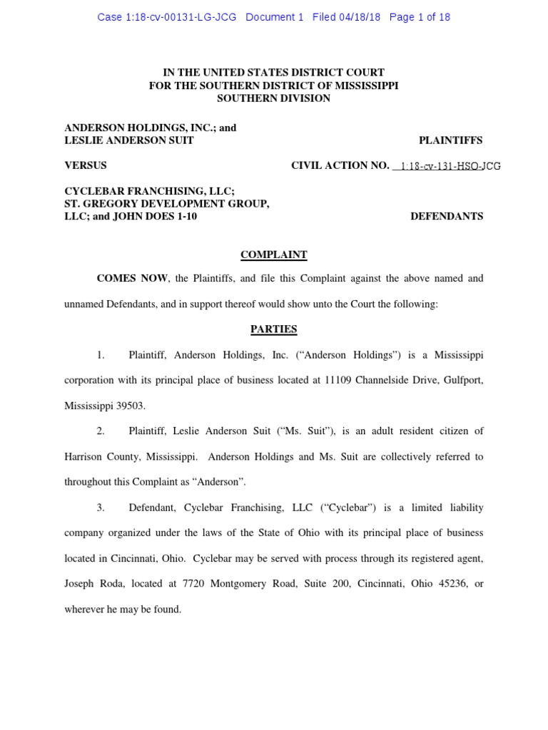 Anderson Holdings LLC v. CycleBar and SGDG - Complaint (Misleading ...