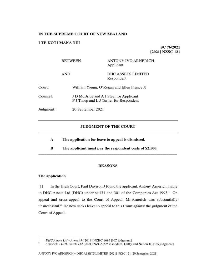 Arnerich V DHC Assets LTD (2021) NZSC 121 | PDF | Judgment (Law) | Interest