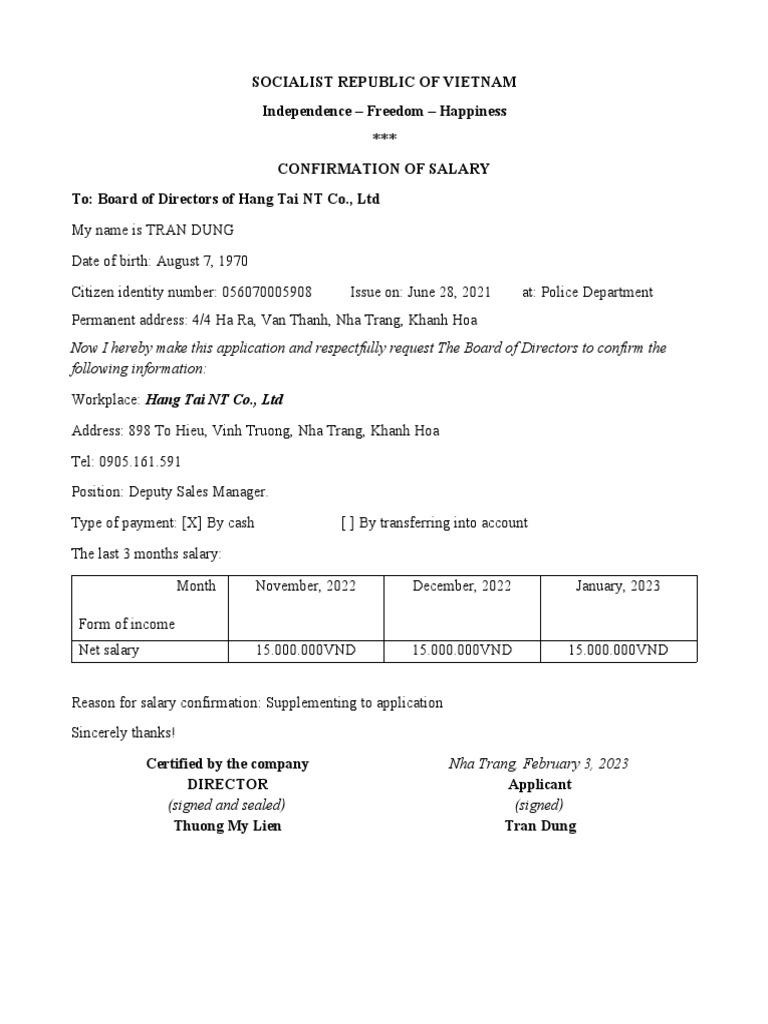 Confirmation of Salary | PDF