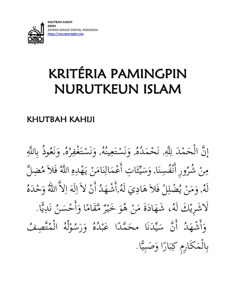SUNDA Khuthbah Jumat 20 2023 Kriteria Pemimpin Dalam Islam | PDF SUNDA Khuthbah Jumat 20 2023 Kriteria Pemimpin Dalam Islam | PDF