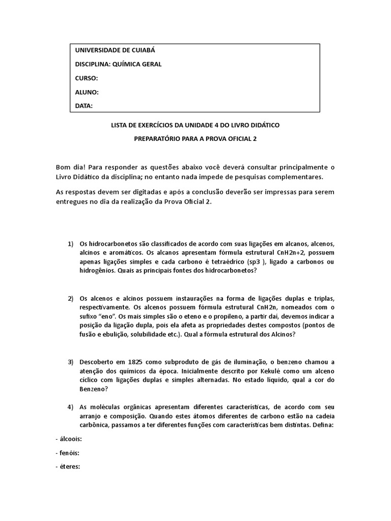 LISTA+DE+EXERC%C3%8DCIOS+UNIDADE+4 | PDF | Alceno | Alcano