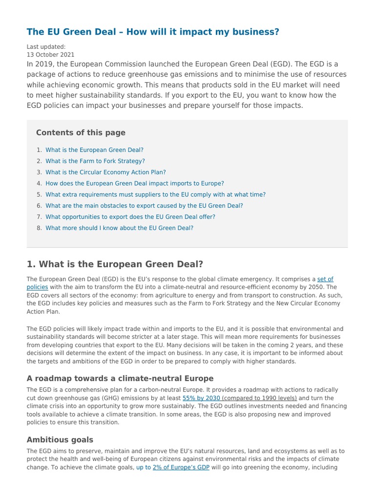 EU Green Deal: Business Impacts Explained | PDF | Sustainability ...