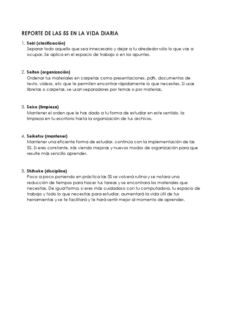 Reporte de Las 5s en La Vida Diaria | PDF | Ciencia y matemáticas
