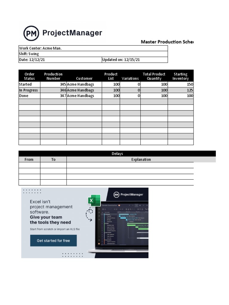 Free Master Production Schedule ProjectManager ND23 | PDF