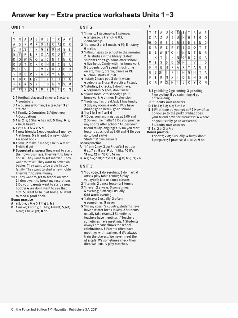 OTP2 - Level 1 - Extra Practice Wkshts - Answer Key | PDF