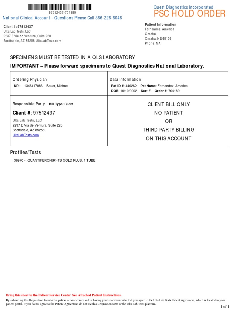 Order 704189 - PSC Requisition - Ulta Lab Tests | PDF | Medicine ...