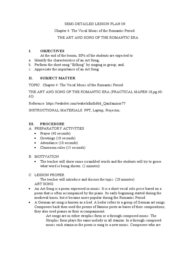 Art Songs of the Romantic Era Lesson Plan | PDF | Songs | Musical ...