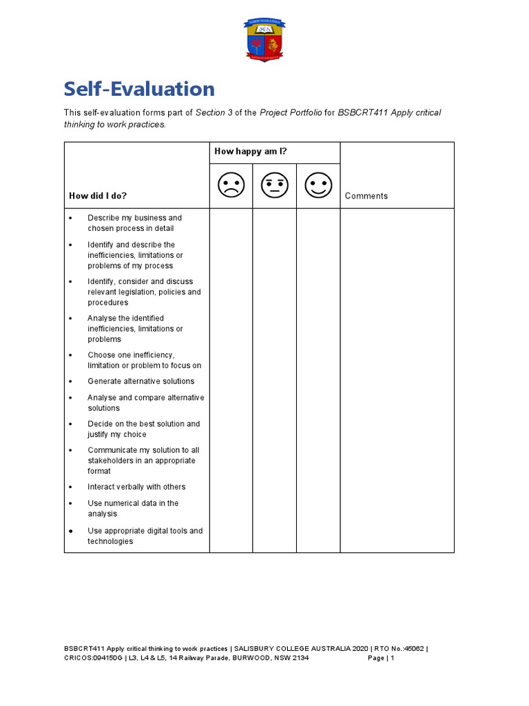 BSBCRT411 Self-Evaluation Student Version | PDF