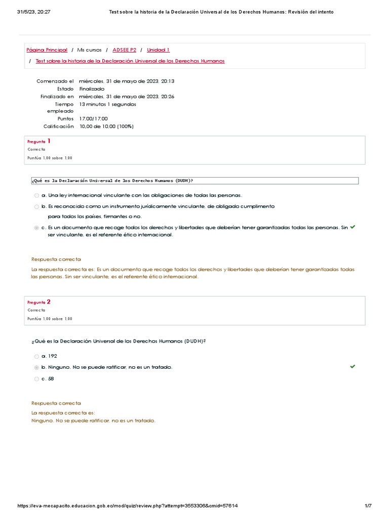 Test Sobre La Historia de La Declaración Universal de Los Derechos ...