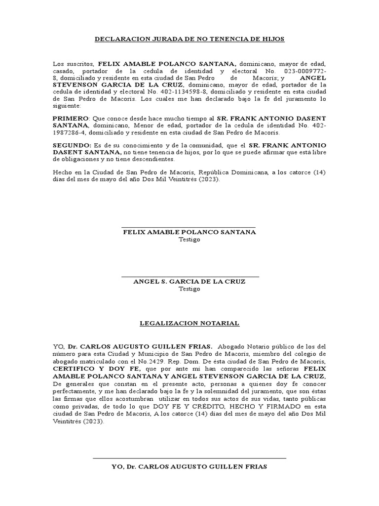 Declaracion Jurada de No Tenencia de Hijos | PDF