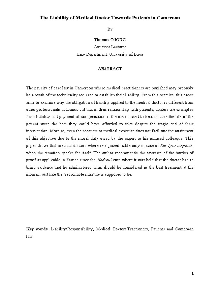 The Liability of Medical Doctor Towards | PDF | Tort | Negligence