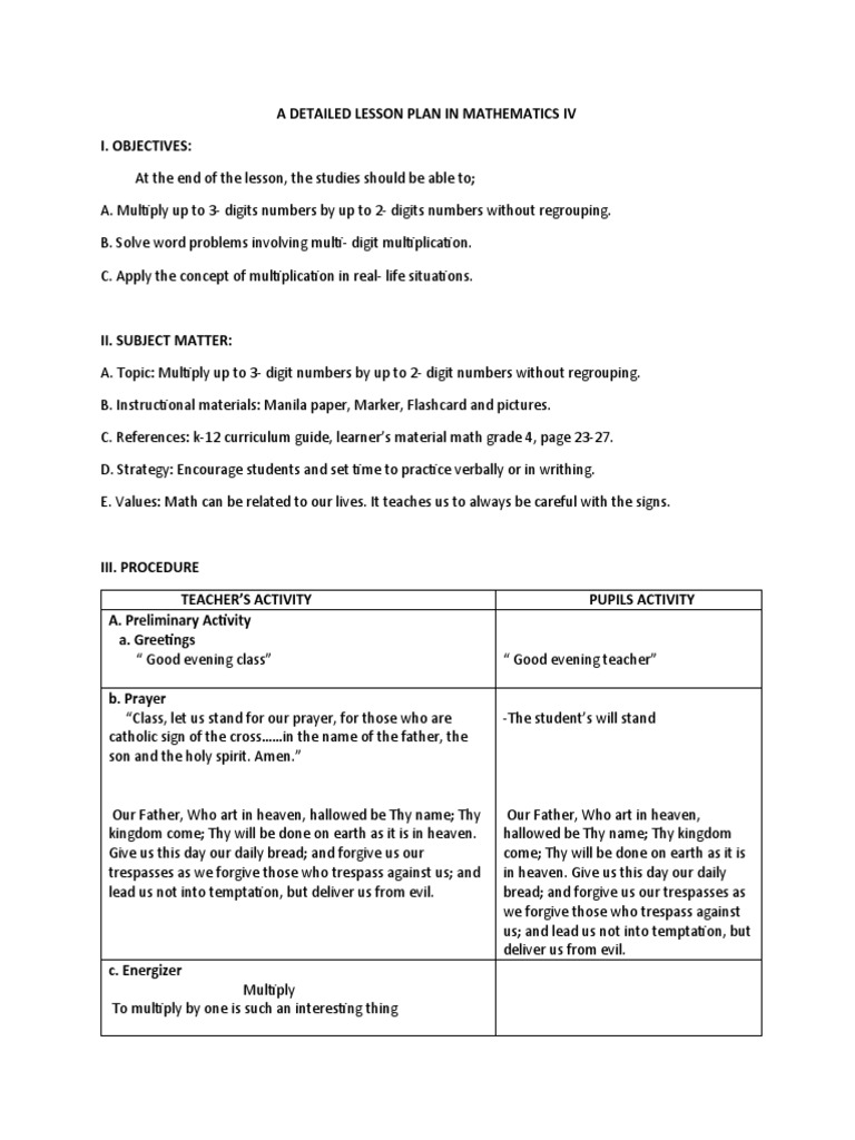 A Detailed Lesson Plan in Mathematics IV | PDF | Multiplication | Lord ...