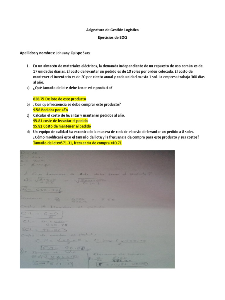 Ejercicios de EOQ | PDF | Inventario | Logística