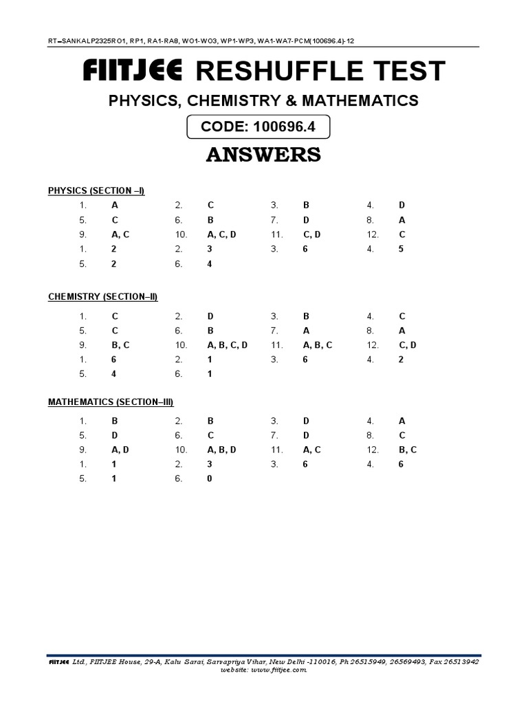 Fiitjee: Reshuffle Test | PDF