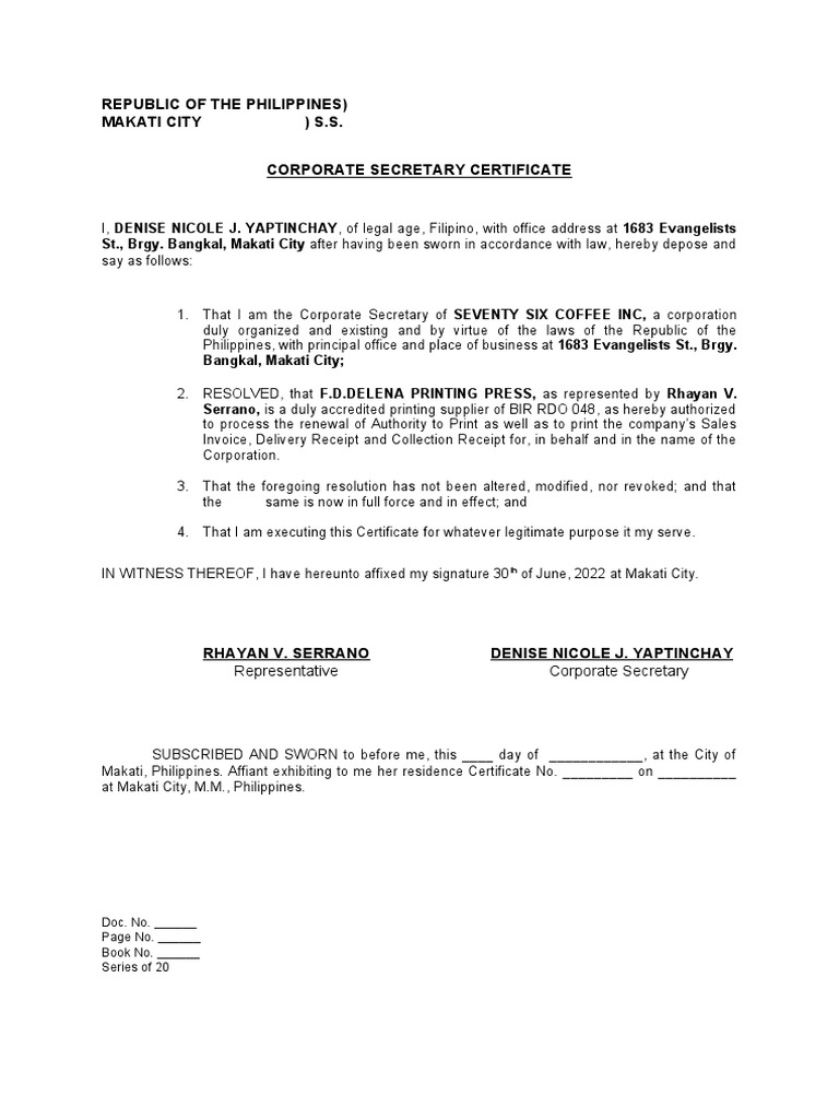 Corporate Secretary Certification | PDF