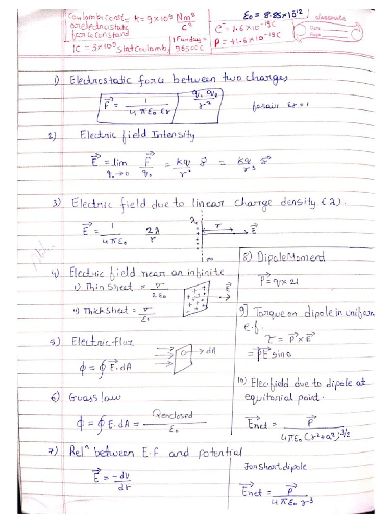 (Electrostatic Formulas 12th Jee | PDF