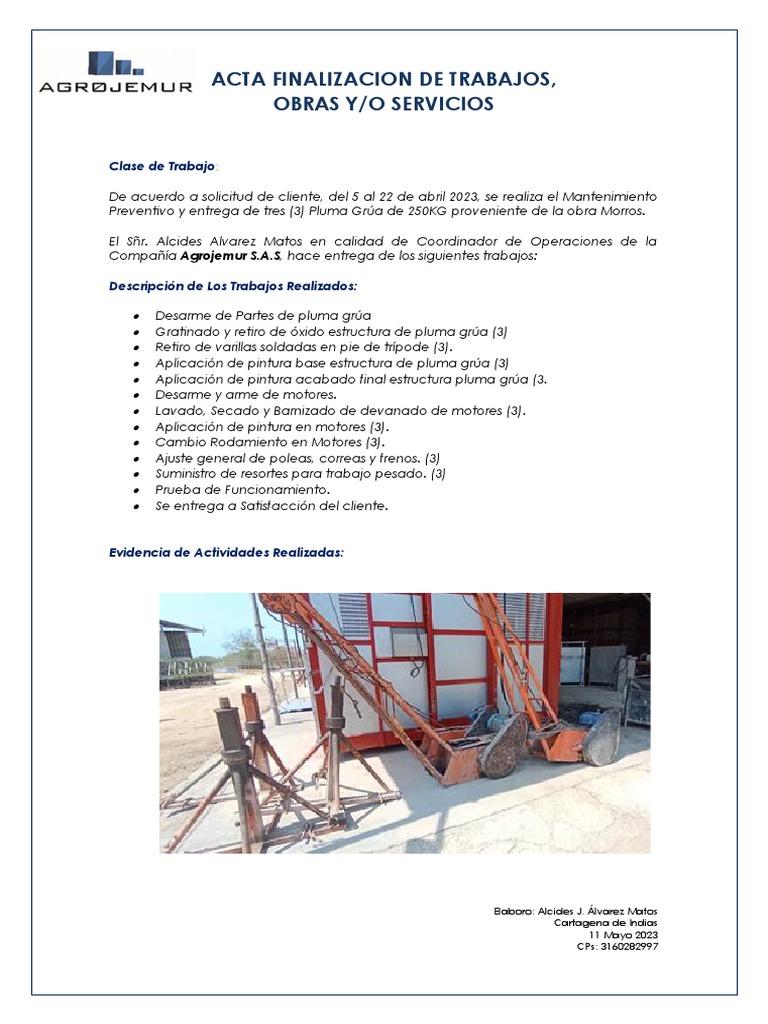 Acta de Entrega Servicios Pluma Grua Morros | PDF Acta de Entrega Servicios Pluma Grua Morros | PDF