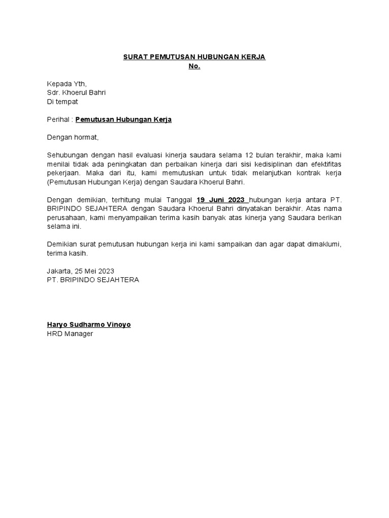 Contoh Surat Kontrak Tidak Diperpanjang | PDF