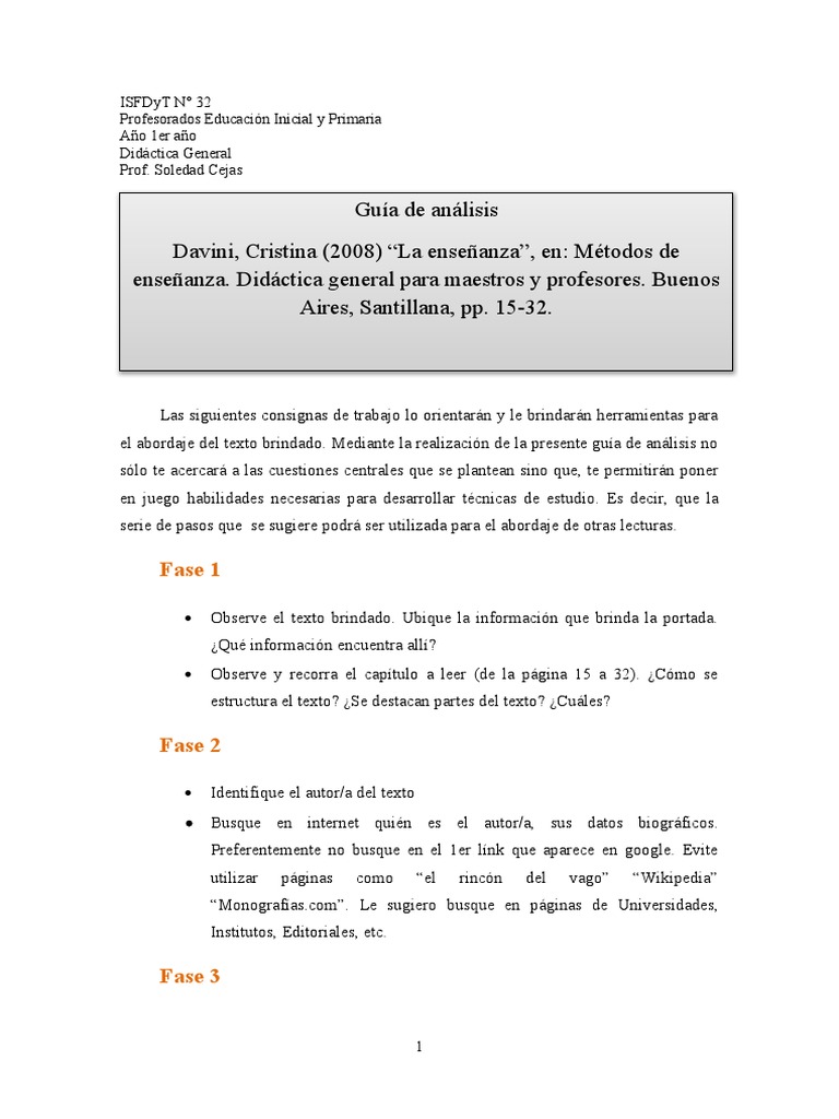 Guia de Lectura - Davini-Enseñanza | PDF | Ciencia cognitiva | Cognición