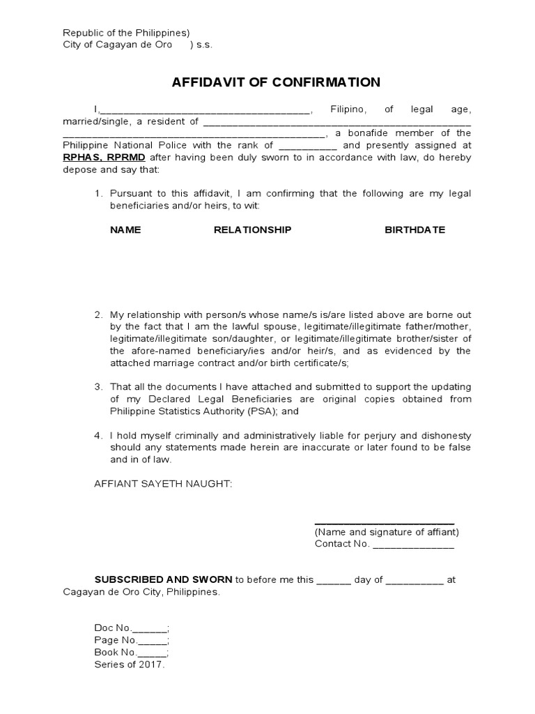 Updated Affidavit of Confirmation Blank 1 | PDF